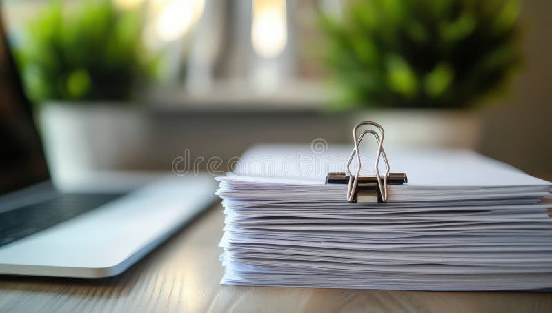 A Neat Stack of Papers is Sitting on a Desk Right Next To a Laptop ...
