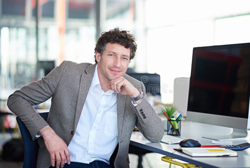 Desk, Man and Computer in Portrait with Smile in Office with Designer ...