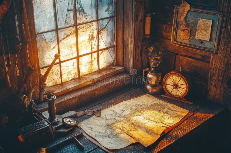 A Desk with a Map and a Clock Provides a Sense of Direction and Timing ...
