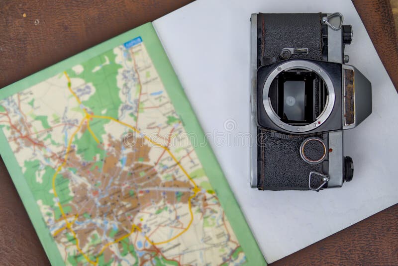 Desk with Map and Vintage Photo Camera Stock Photo - Image of travel ...