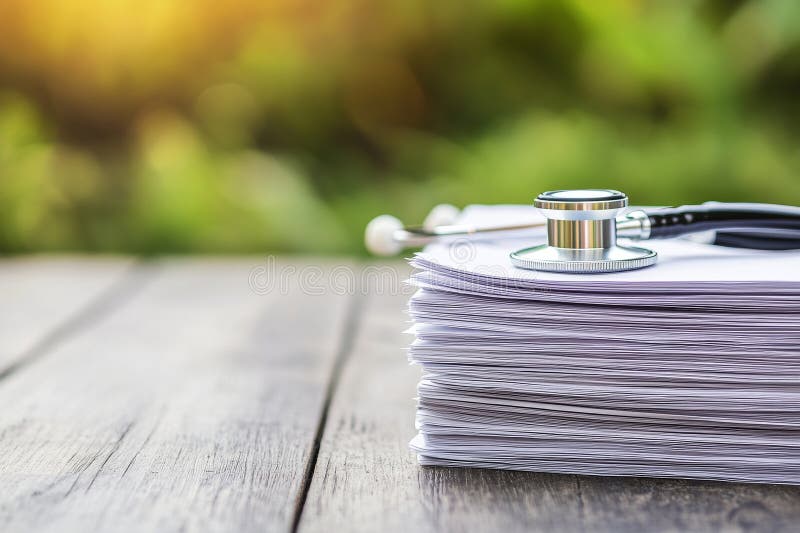 On a Desk in a Medical Facility, There is a Stack of Documents and a ...