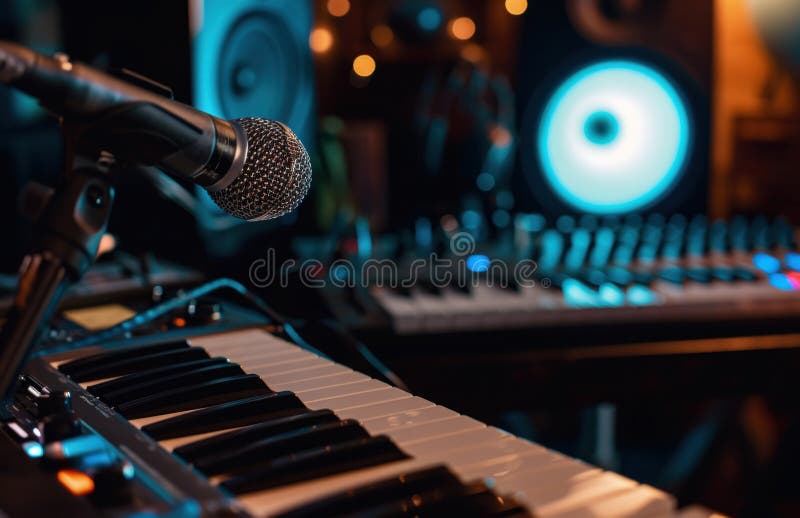 A Desk with a Microphone and Keyboard Stock Image - Image of technology ...