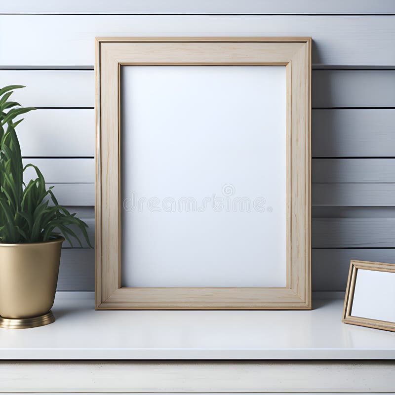 Desk Mock-Up with an Empty Picture Frame for Interior Design Stock ...