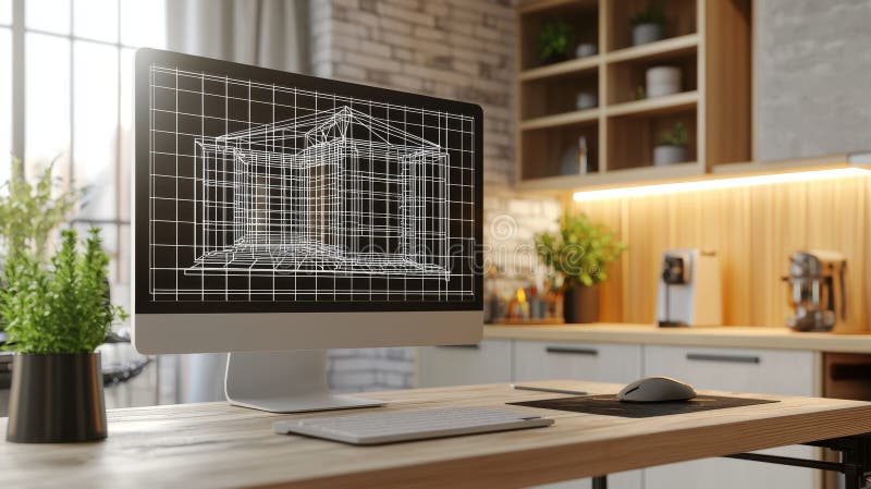 On the Desk of a Modern Kitchen is a Computer, with a Sketch of the ...