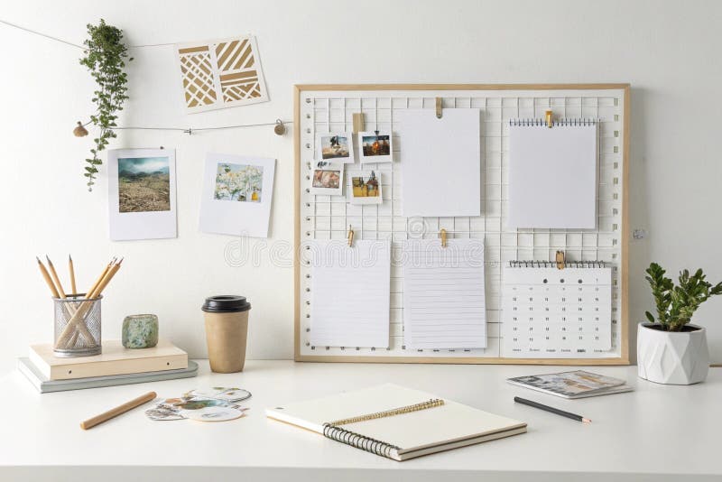 Desk with Mood Board of Blanks, Notes and Photos. Minimalist Creative ...