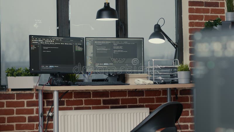 Desk with Multiple Monitors Displaying Terminal Window and Artificial ... Desk with Multiple Monitors Displaying Terminal Window and Artificial ...