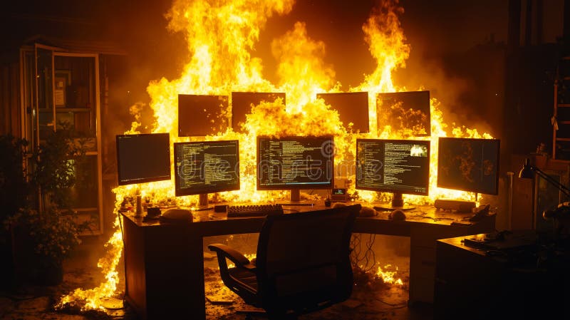 A Desk with Multiple Computer Monitors on Fire in a Dark Room Stock ...