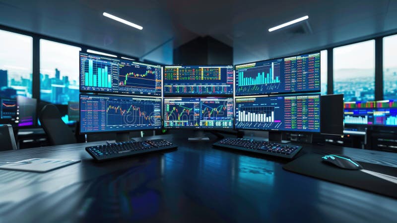 Desk with Multiple Computer Monitors Stock Image - Image of ...