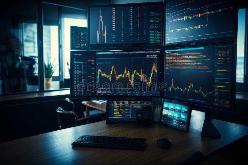Desk with Multiple Monitors and Keyboard on it with Monitor Displaying ... Desk with Multiple Monitors and Keyboard on it with Monitor Displaying ...