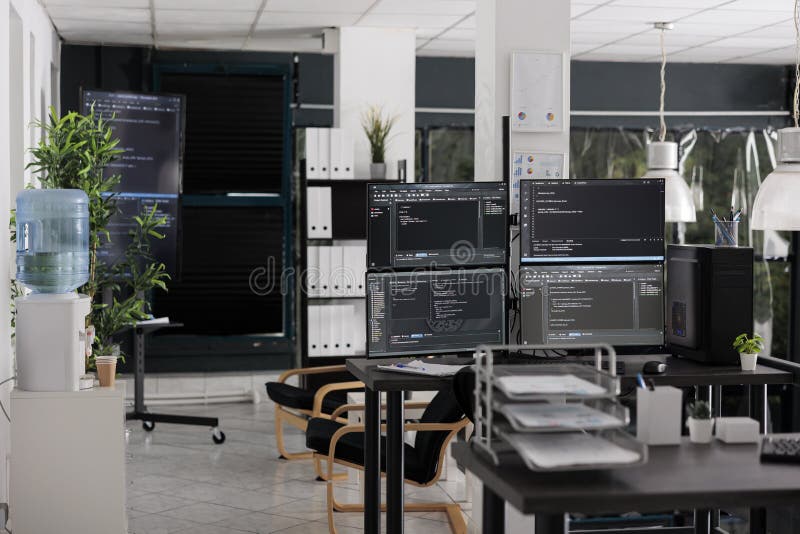 Desk with Multiple Monitors Displaying Terminal Window and Artificial ... Desk with Multiple Monitors Displaying Terminal Window and Artificial ...