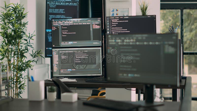 Desk with Multiple Screens Showing Digital Programming Network Stock Photo - Image of data ...