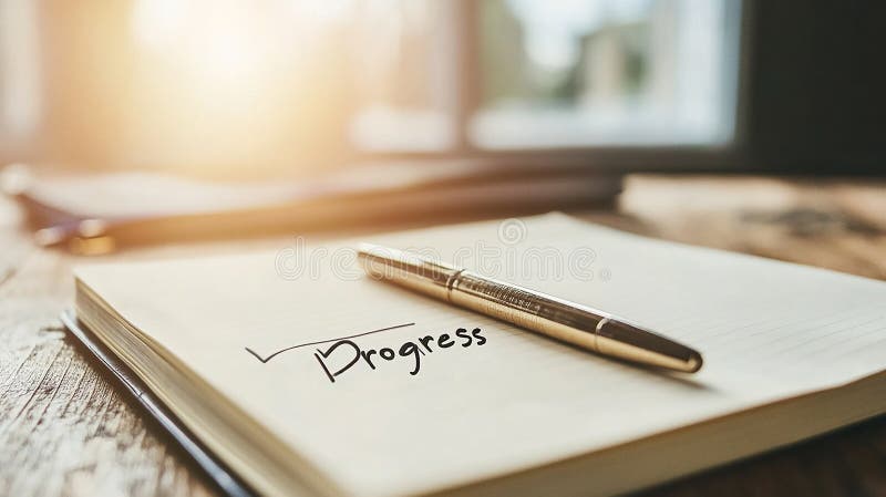 Desk with Notebook, Progress Check Mark, and Golden Pen, Symbolizing Personal Growth and ...