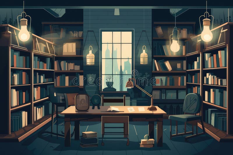 Desk in Office or Library, Books on Shelves, Cozy Chairs. Generative AI ...