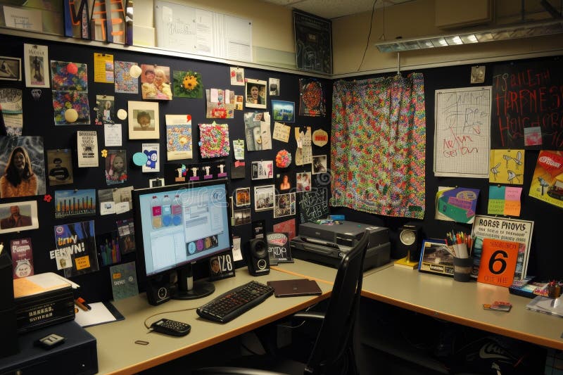 A Desk in an Office Setting with a Computer and a Printer Placed on Top ...