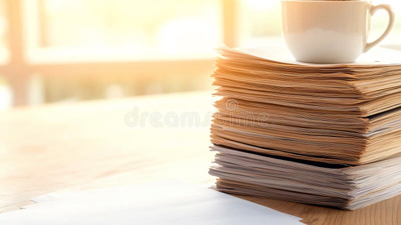 Desk in Office with Stack of Old Paper Documents and Coffee Cup ...