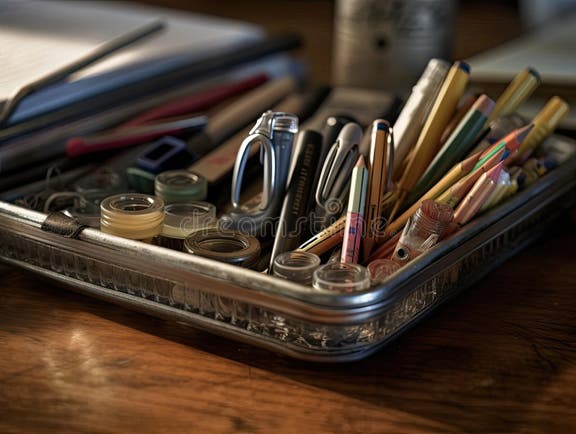 Desk Organizer with Writing Utensils Stock Illustration - Illustration ...