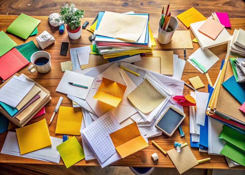 A Desk Overflowing with Ideas a Panoramic View of Scattered Papers ...