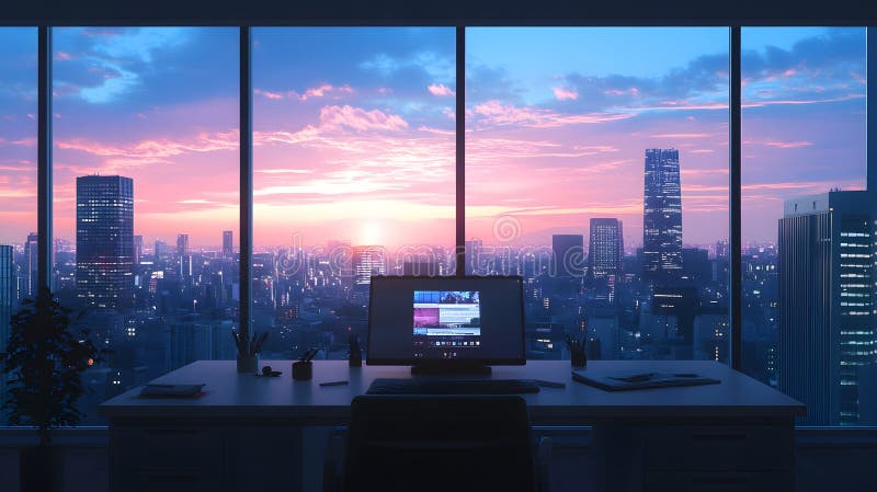 Desk Overlooking a City Skyline with a Sunset and a Computer Screen ...