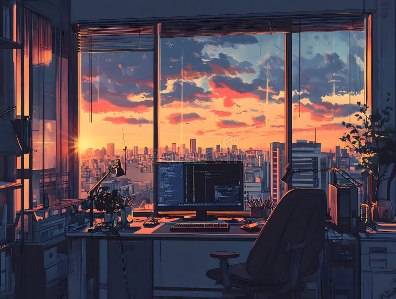 A Desk Overlooking a City at Sunset with a Computer Displaying Code ...