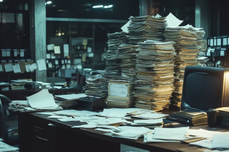 A Desk Overwhelmed with Papers and a Stack of Files Stock Illustration ...