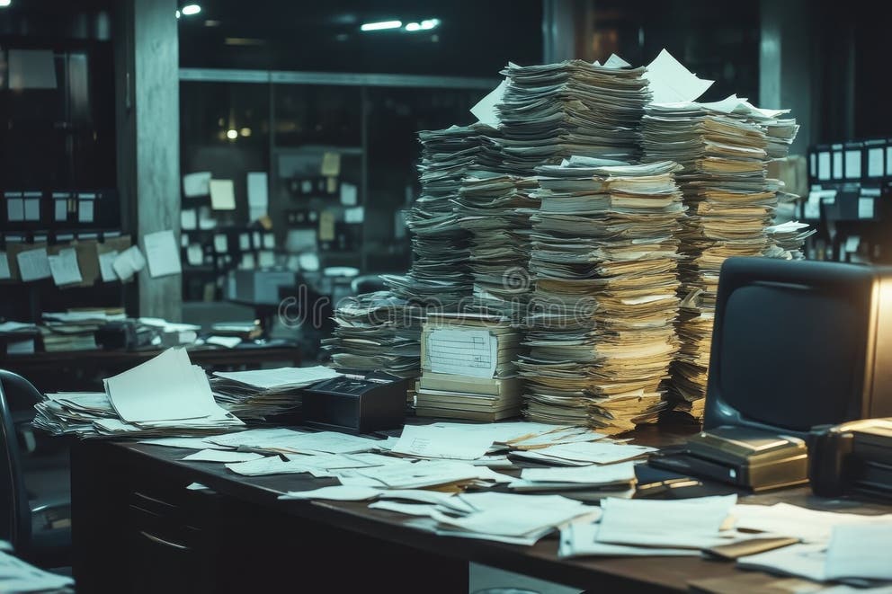 A Desk Overwhelmed with Papers and a Stack of Files Stock Illustration ...