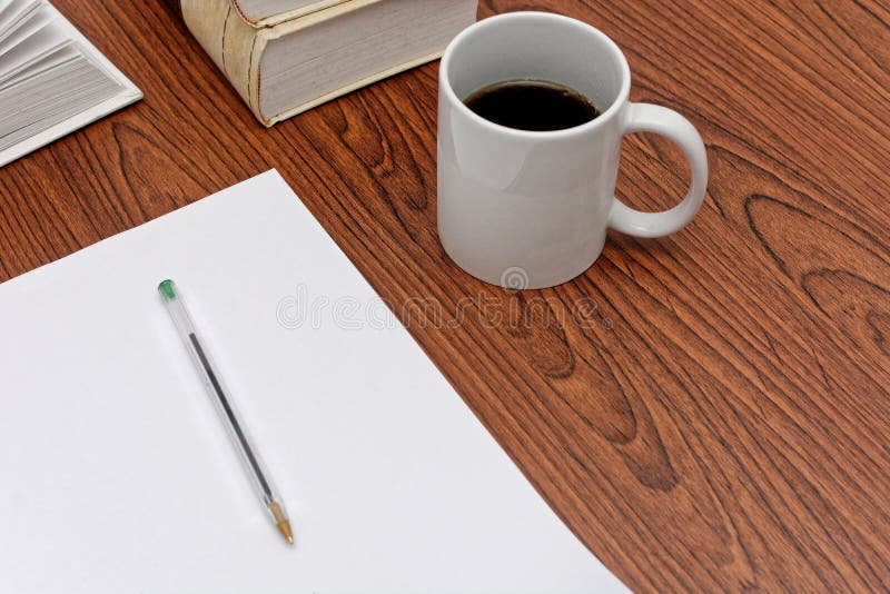 Desk with Papers, Books, Pens and a Cup of Coffee Stock Image - Image ...