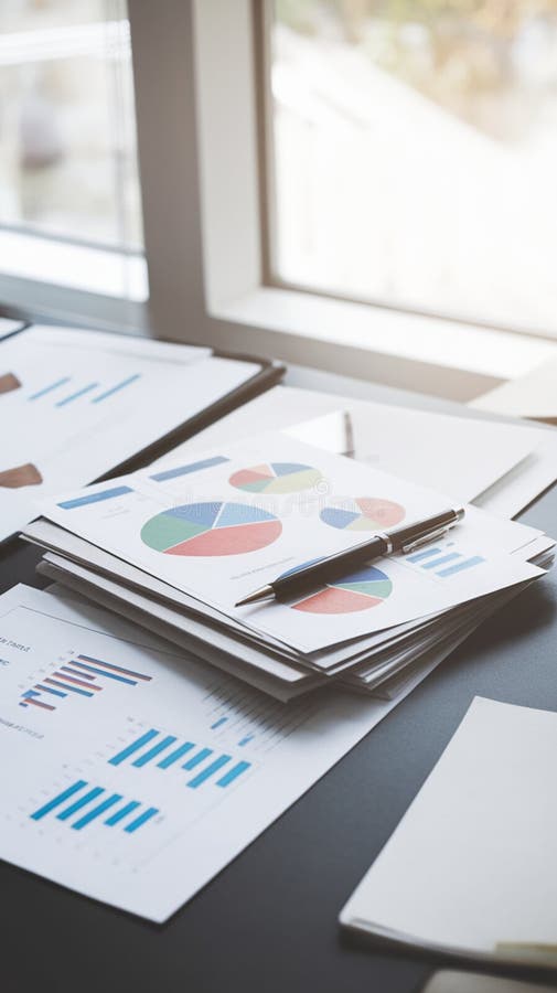 Desk with Charts, Pie Graphs, and Business Card Near Soft Light Stock ...