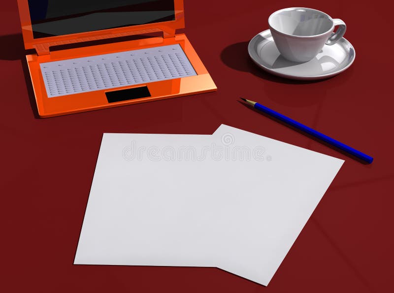 Desk with Papers, Laptop, Pencil and Cup Stock Illustration ...