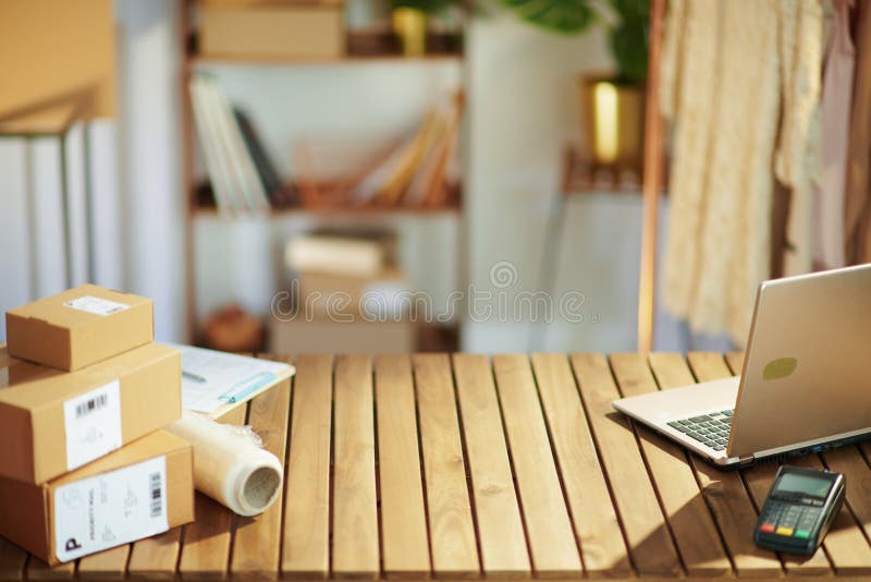 Desk with Parcels and Laptop in Office Stock Image - Image of notebook ...