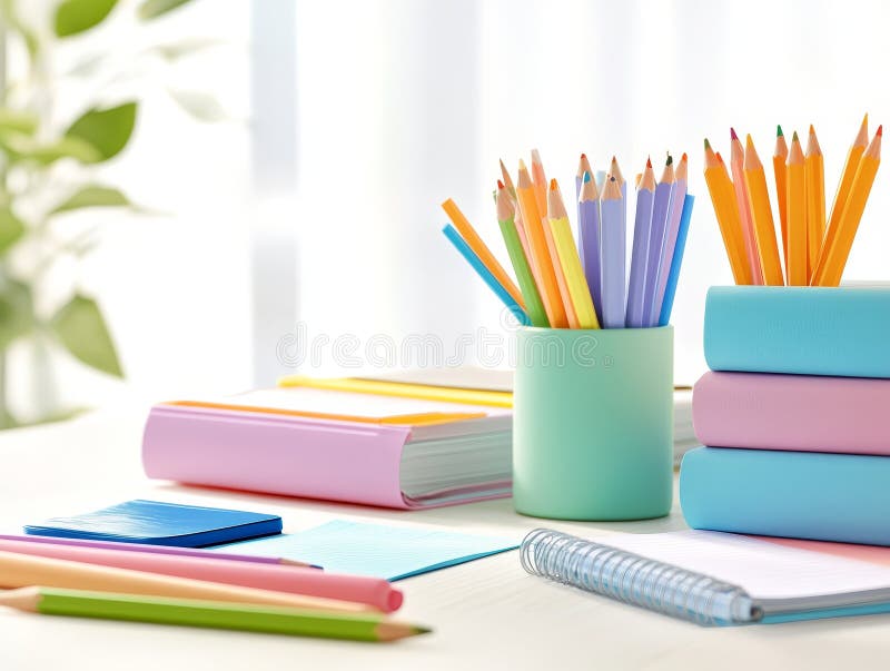 Desk with Pastel-colored Notebooks, Pens, and a Cup, Showcasing Soft ...