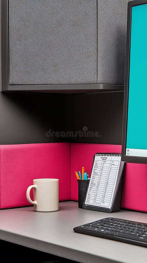 A Desk with a Pink Wall and a White Computer Monitor Stock Photo ...