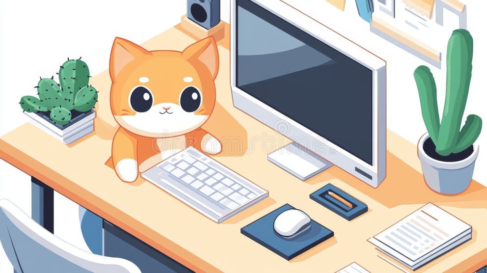 At a Desk, a Pixel Art Fox Coder Works, with Office Plants and a Modern ...