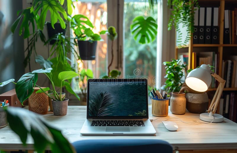 Desk with Plants and Laptop Computer Standing in Home Office Stock ...