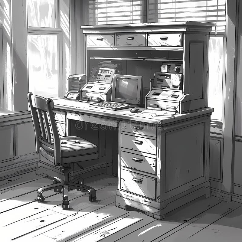 Desk Product Industrial Design Sketch, a Desk with a Computer and a ...