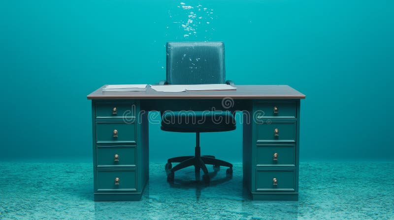 A Desk with a Rolling Chair Submerged Underwater Creating a Striking ...