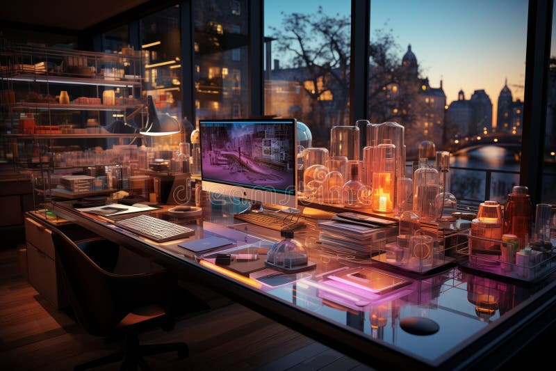 A Desk in a Room with a Computer and Many Bottles on it Stock Image ...