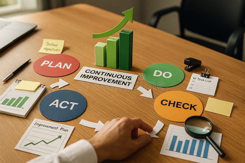 Desk Scene with Colorful PDCA Elements and Growth Chart in Center ...
