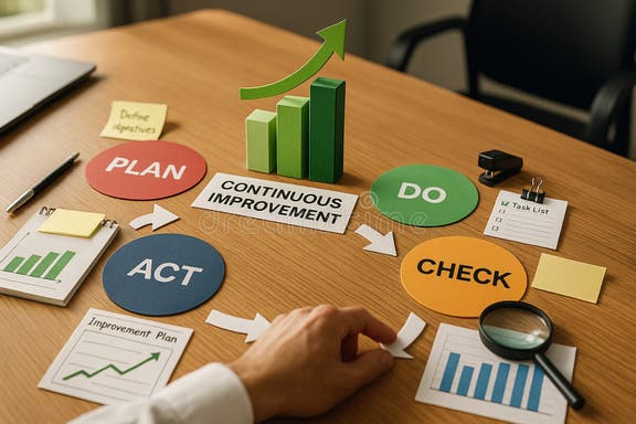 Desk Scene with Colorful PDCA Elements and Growth Chart in Center ...