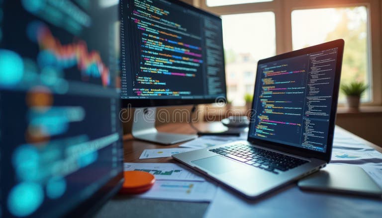 Desk Scene Shows Multiple Devices Focused on Web Design Coding. Laptop ...