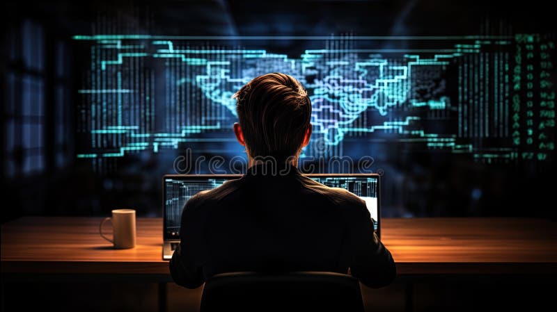 Desk Scene: Young Individual Engaged in Cybersecurity with Code Stock ...