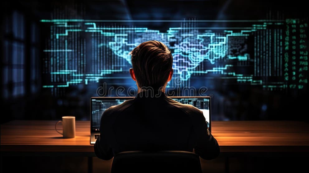 Desk Scene: Young Individual Engaged in Cybersecurity with Code Stock ...