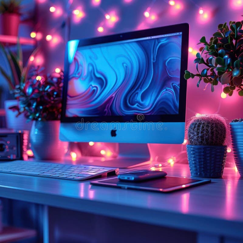 Desk Setup with Abstract Desktop Background and Fairy Lights Stock ...