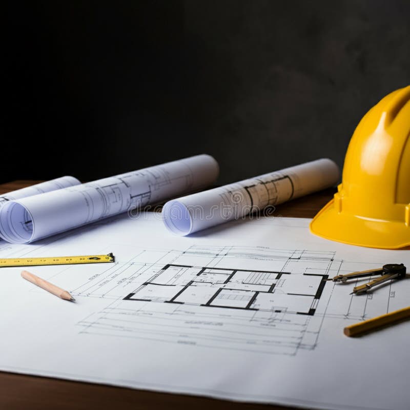 A Desk Setup with Architectural Blueprints, a Yellow Construction ...
