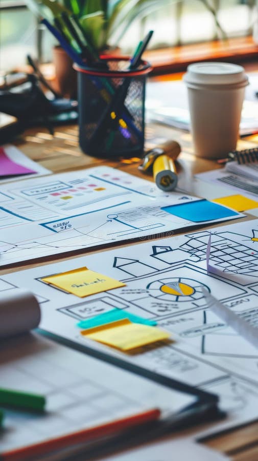 Desk Setup with Charts, Graphs, and Sticky Notes in a Modern Office ...