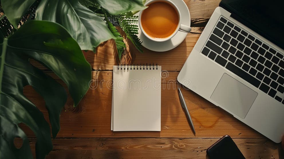 Desk Setup with Coffee Cup, Notepad, and Laptop Stock Illustration ...