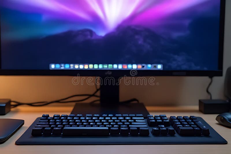 A Desk Setup with a Computer, Keyboard and Abstract Wallpaper Stock ...