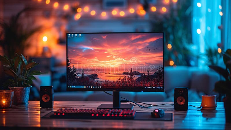 Cozy Desk Setup with Computer and Fairy Lights Stock Illustration ...