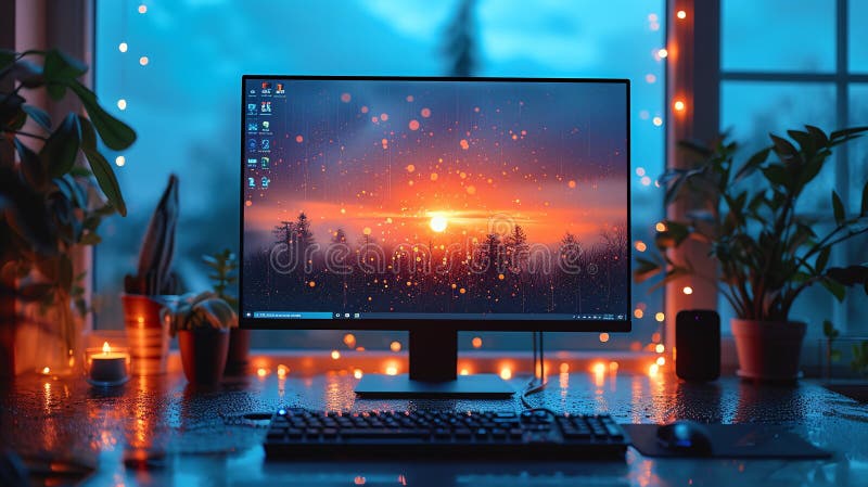 Cozy Desk Setup with Computer and Fairy Lights Stock Illustration ...