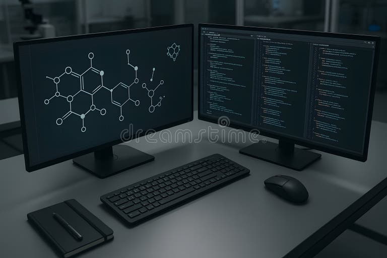 A Desk Setup Features Two Computer Monitors Displaying Both Chemical Diagrams and Programming ...