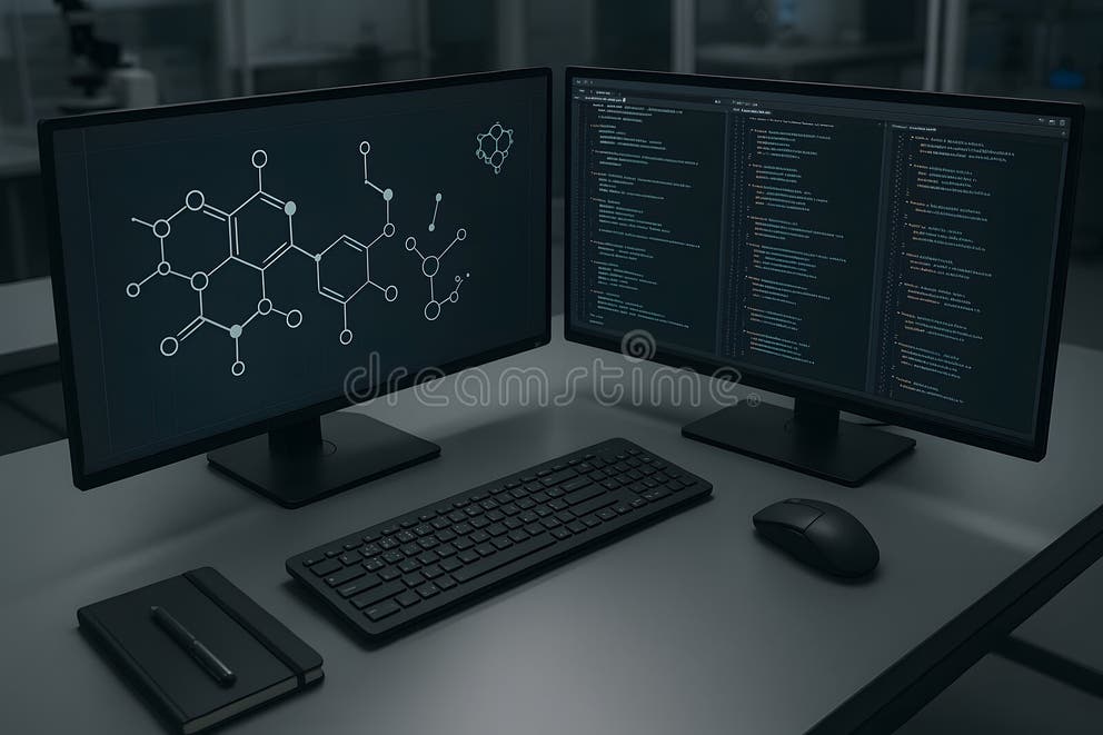 A Desk Setup Features Two Computer Monitors Displaying Both Chemical ...